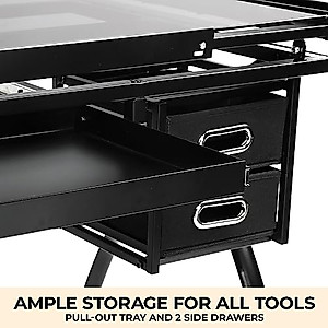 ComfyCorner Drafting Table for Artists, Adjustable Drawing Desk with Tempered Glass Tabletop, Tilting Draft Workstation Table with w/2 Drawers and Tray, Black