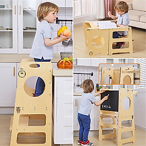 4-in-1 Foldable Kitchen Stool Helper with Safety Crossbar, Standing Toddlers Tower with Chalkboard for Learning, Montessori Folding Desk Table and Chair Set for Kids 1-6 Years