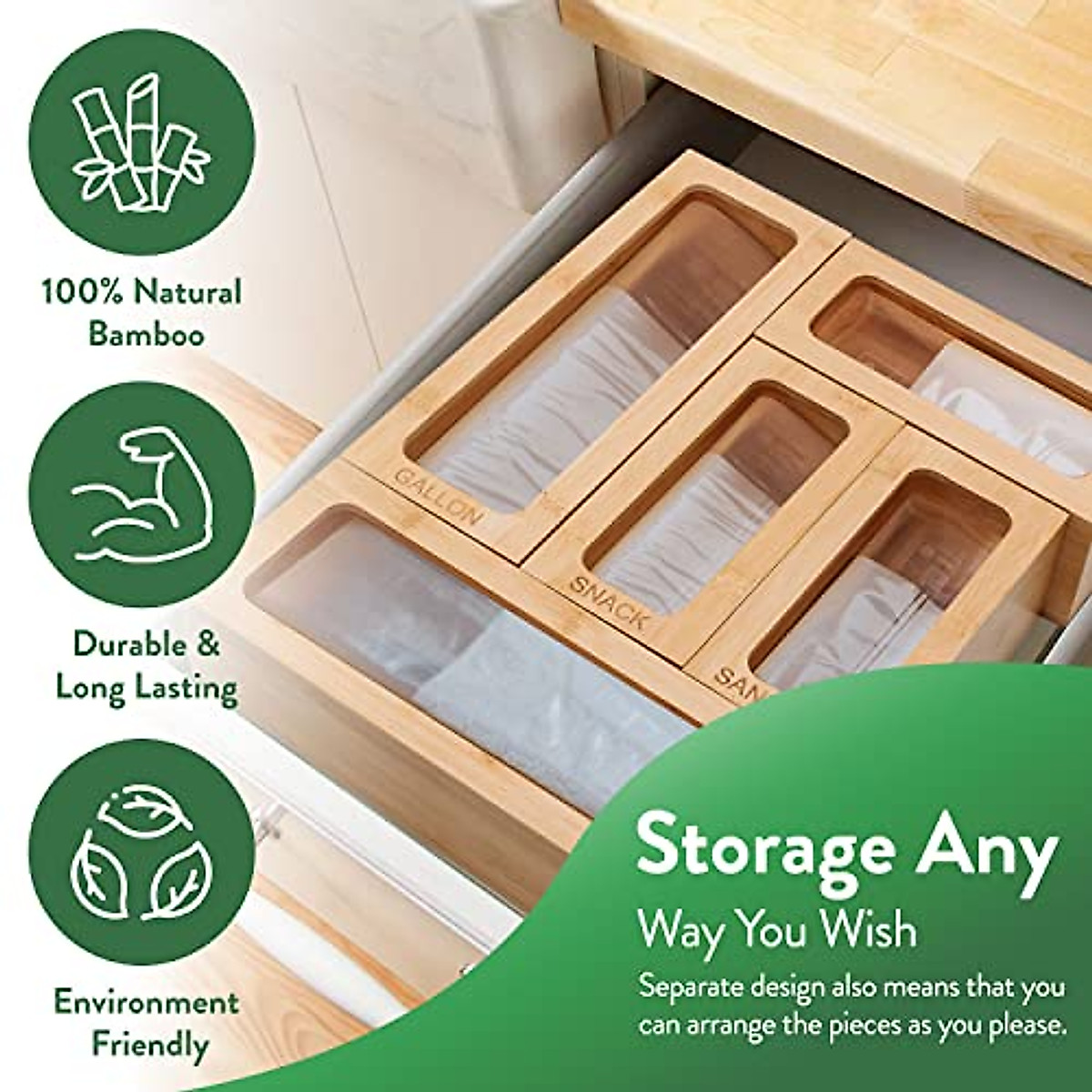 TRAKZA Bamboo Ziplock Bag Organizer for Drawer, Kitchen Storage Bag Organizer, 5 Separate Baggie Organizer for Drawer with Non-Slip Feet and Hanging Holes, kitchen organization and storage