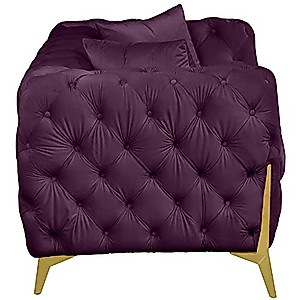 Meridian Furniture Kingdom Collection Velvet Upholstered Loveseat with Deep Button Tufting & Sturdy Gold Metal Legs, Purple