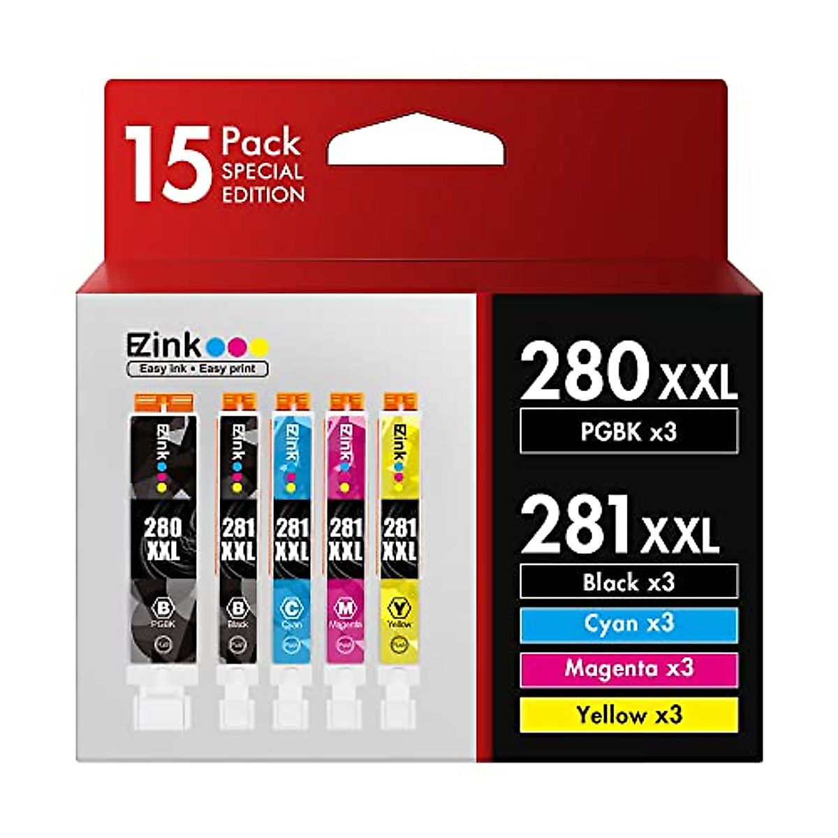E-Z Ink (TM) Compatible Ink Cartridge Replacement for Canon PGI-280XXL CLI-281XXL to use with PIXMA TR7520 TR8520 TS6120 TS6220 TS6320 TS8120 TS8220 TS9120 TS9520 TS9521C Printer (15 Pack)