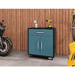 Manhattan Comfort Eiffel 2-Piece Storage Garage Set in Matte Black and Aqua Blue