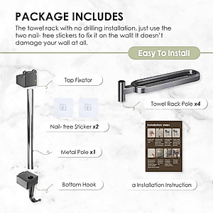 Pysrych No Drill Swivel Towel Rack Wall Mounted 4-Arm Towel Bar ABS Self-Adhesive Towel Holder with Hook for Bathroom Shower Kitchen Black