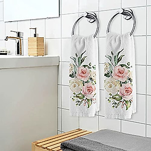 ALAZA Pink Rose & Hydrangea Flower Towels 100% Cotton Hand Towel for Bathroom 16 x 30 inch, Absorbent Soft & Skin-Friendly, 2 Pieces