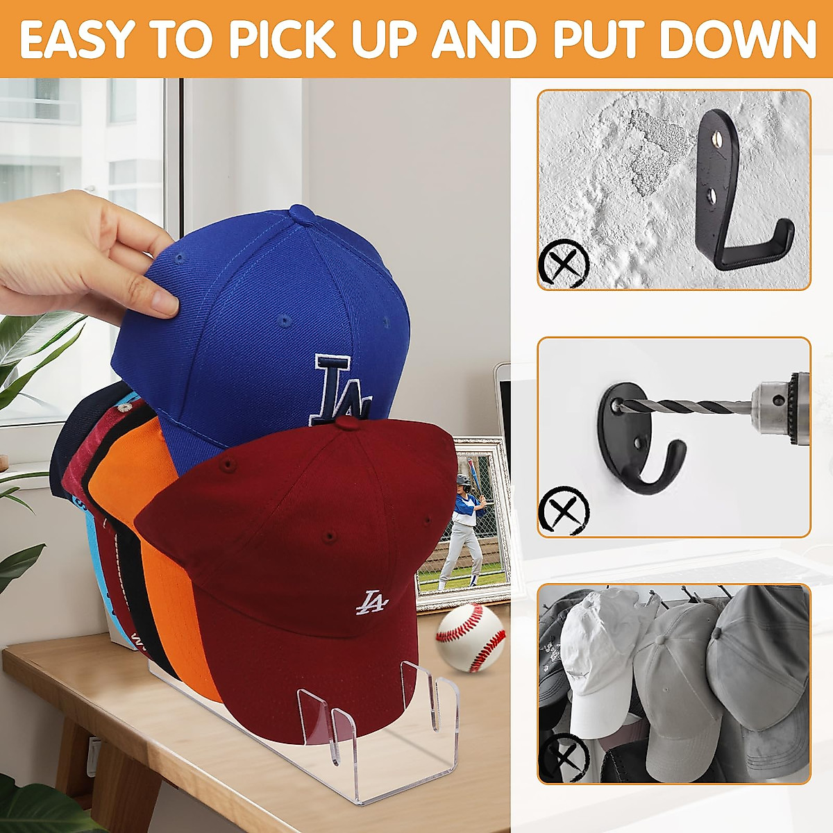 2 PCS Hat Stand for Baseball Caps Display and Storage,Hat Organizer for 14 Baseball Caps,Acrylic Baseball Hat Storage Organizer No Install,Baseball Hat Organizer for Bedroom, Closet (clear-2packs)