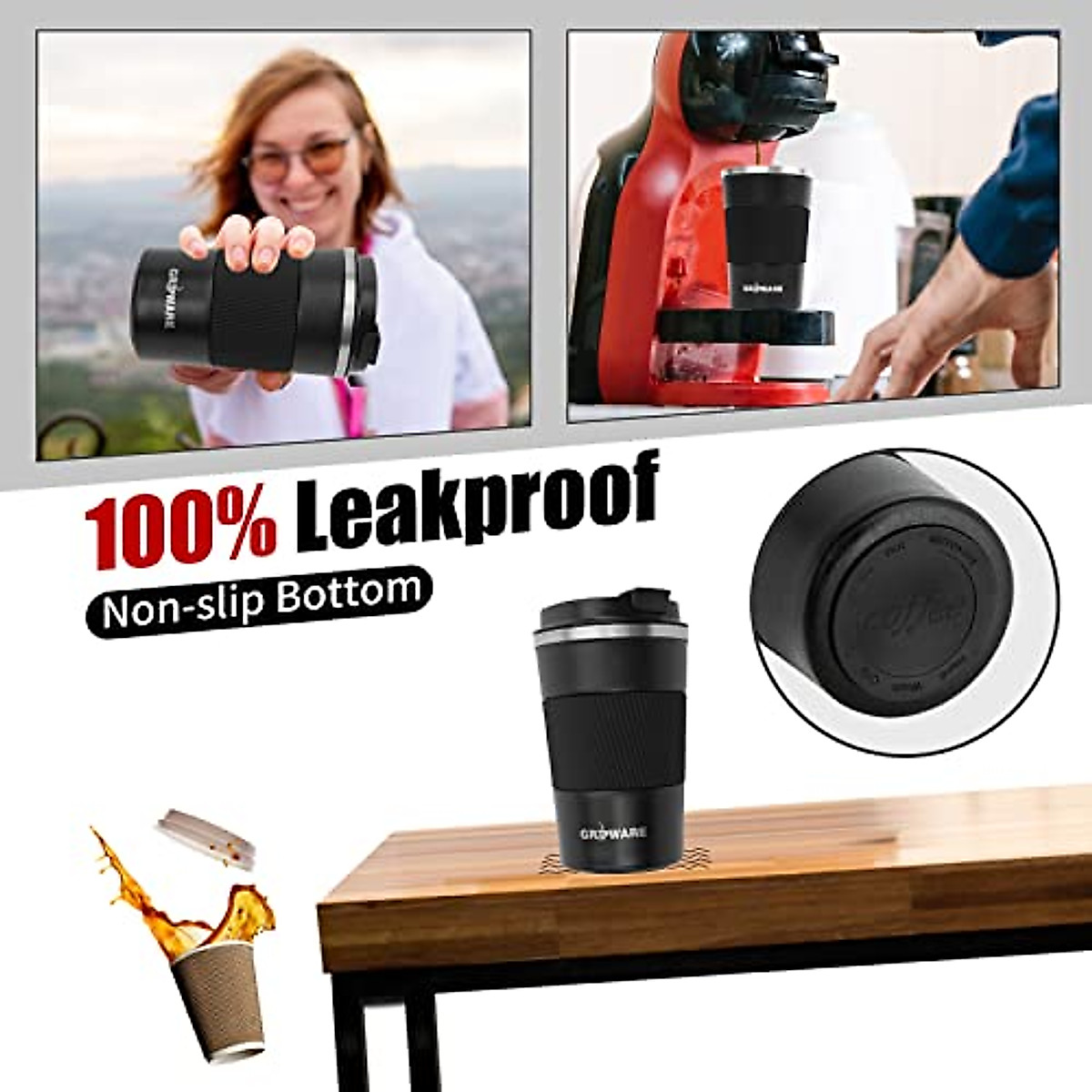 Travel Coffee Mug, 13oz Vacuum Stainless Steel Insulated Coffee Mug with Leakproof Lid, Coffee to Go Double Walled Travel Tumbler for Outdoor, Home, Office Ideal for Ice Drinks, Hot Beverage (Black)