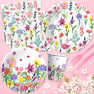 Xigejob Wildflower Decorations Tableware - Floral Party Supplies, Plate, Cup, Napkin, Tablecloth, Cutlery, Spring Summer Flower Party Decorations For Birthday, Baby Shower, Tea Party | Serve 24