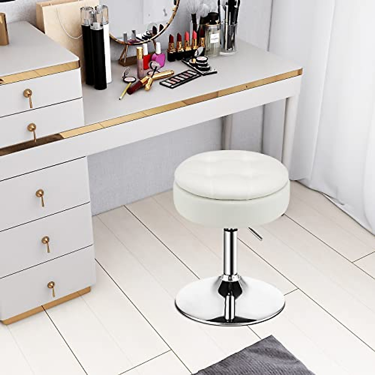 COSTWAY Counter Height Bar Stool, Tufted PU Leather 20"-26" H Adjustable Swivel Vanity Chair with Removable Tray Top and Storage Space, Modern Round Ottoman for Makeup Kitchen Island Shop, White