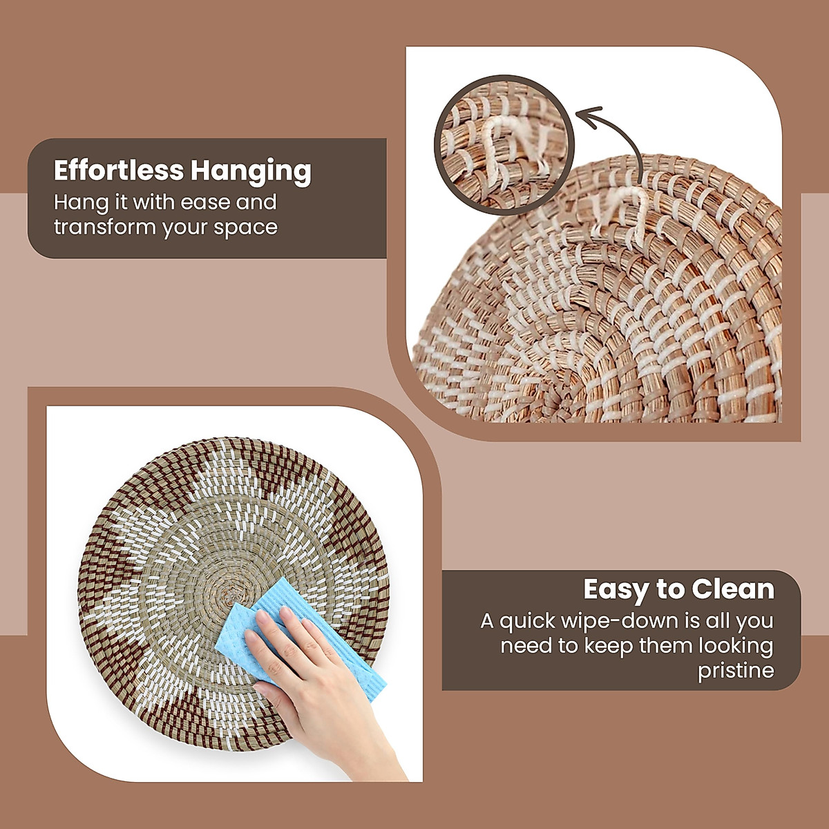 BOHO11 Boho Wall Decor Handcrafted Seagrass Boho Baskets Large Rustic Farmhouse Wall Decor; Round Woven Wicker Above Sofa or Bed Wall Decor (SeaVibe BOHO)