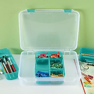 Sterilite Divided Case, Stackable Plastic Small Storage Container with Latch Lid, Organize Crafts, Small Hardware Items, Clear with Blue Trays, 6-Pack