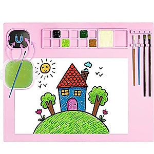 Silicone Painting Mat, Art Mat with Cup, Craft Paint Brush Cleaner Tool, Artist for Kids Gift Clay DIY Creations (Pink)
