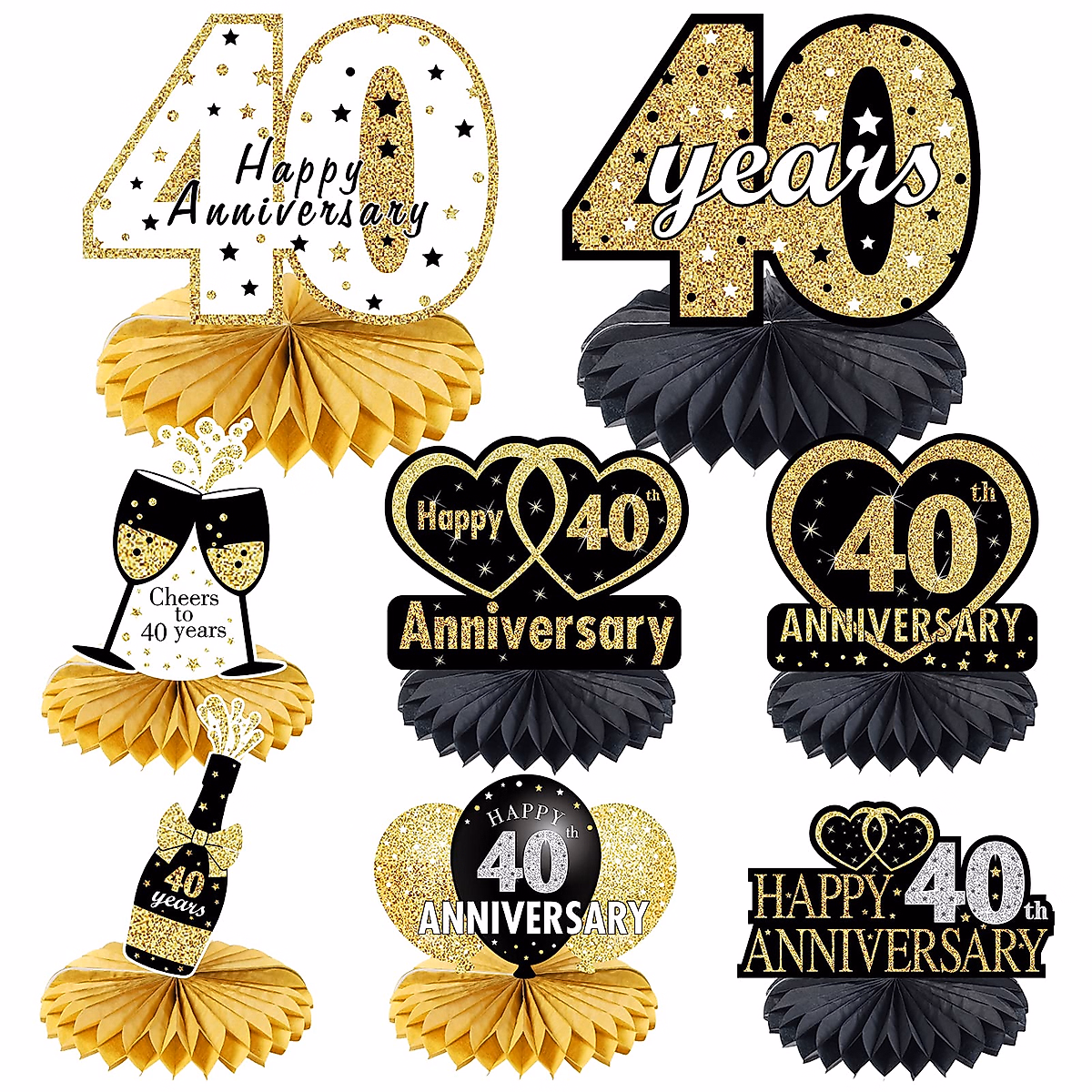 Happy 40th Anniversary Decorations Table Honeycomb Centerpiece, 8pcs 40 Wedding Anniversary Table Sign for Party, 40 Year Anniversary Party Supplies Table Topper Decor