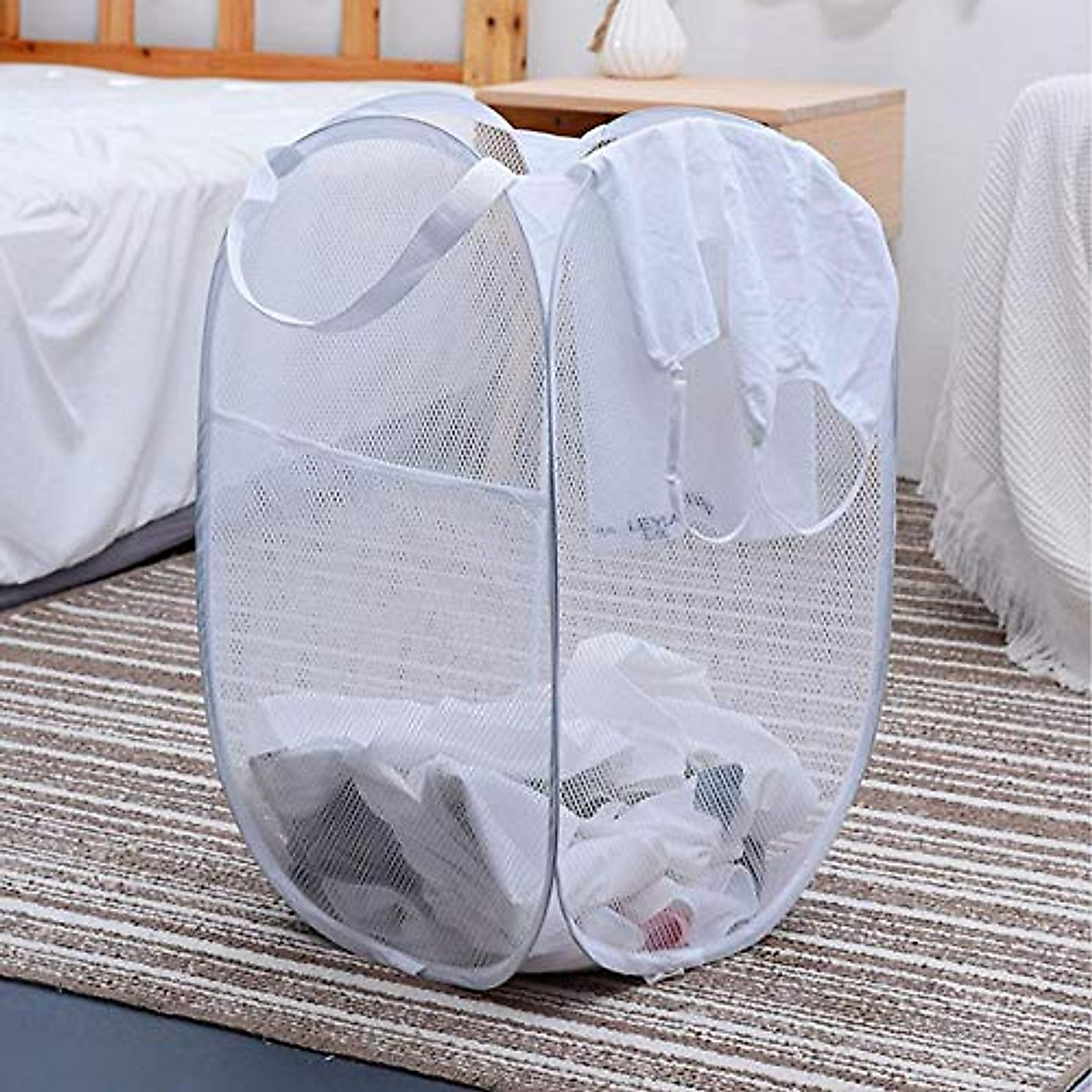 Bud Mesh Pop up Laundry Hamper, Portable Foldable Clothes Hamper for Kids Room, College Dorm or Travel, Collapsible for Storage, White