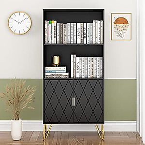 Anbuy Black Open Shelf Bookcase with Doors, Floor Standing Display Cabinet Rack with Gold Legs, Wooden Bookshelf for Home Decor Furniture for Home, Office, Living Room, Bedroom