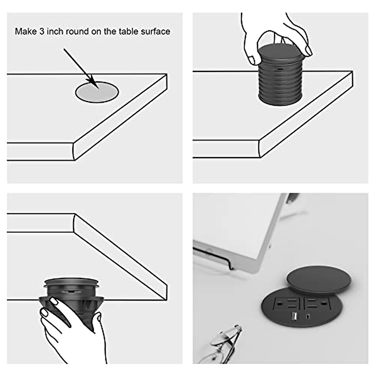 3 inch Desk Power Grommet with Wireless Charger,18W USB C Recessed Power Strip, Furniture Desk Power Outlet,2 Outlets and USB C Charging, Suitable for Side Table,6ft Cable(Black)