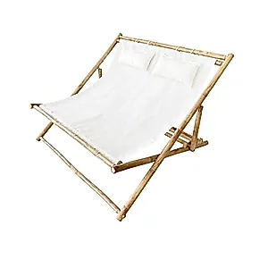 Statra Rattan Bamboo Folding Sling Chairs for 2 People Patio Camping Relax Garden Pool Beach Lounge Outdoor Reclining, Double seat, White