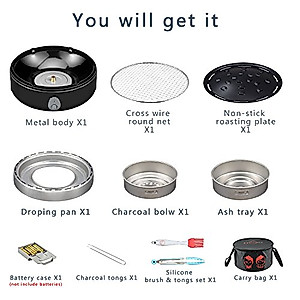 Portable Charcoal Outdoor BBQ Grill For Camping With Travel Bag - Small Tabletop Smoke ＆ Smokeless Pan Optional - Built In Electric Fan Power Supplied By Battery Charger Or Power Bank. (Luxury Black)