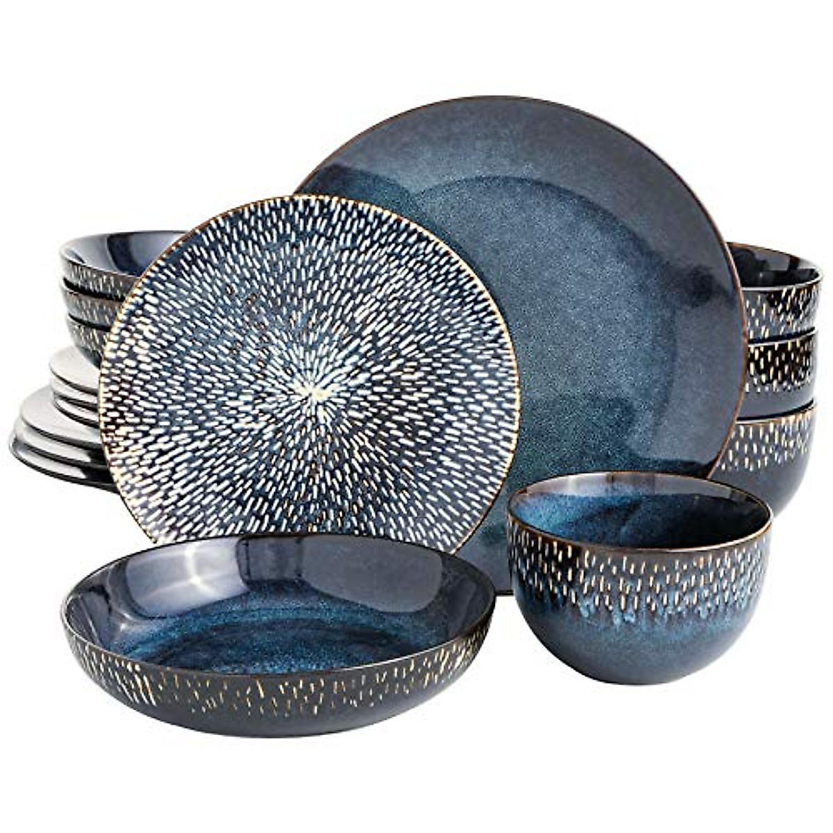 Gibson Elite Matisse 16 Piece Double Bowl Dinnerware Set, Cobalt Blue