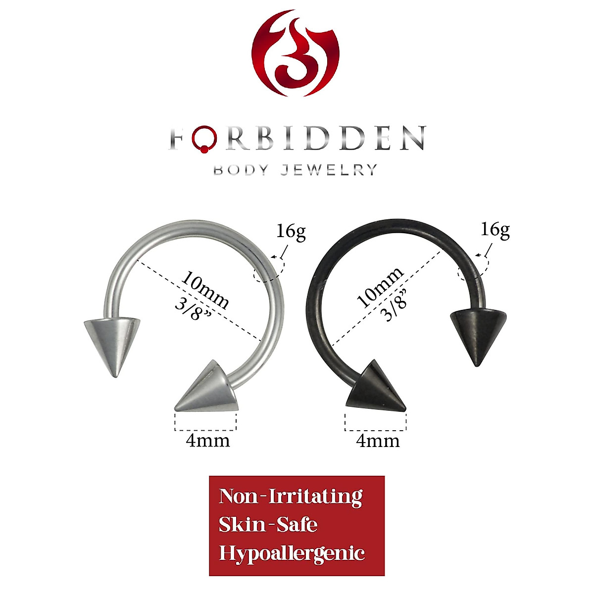 Forbidden Body Jewelry 16g Septum Rings Set of 2: 16 Gauge 10mm Surgical Steel Spike Horseshoe Rings, Black & Steel