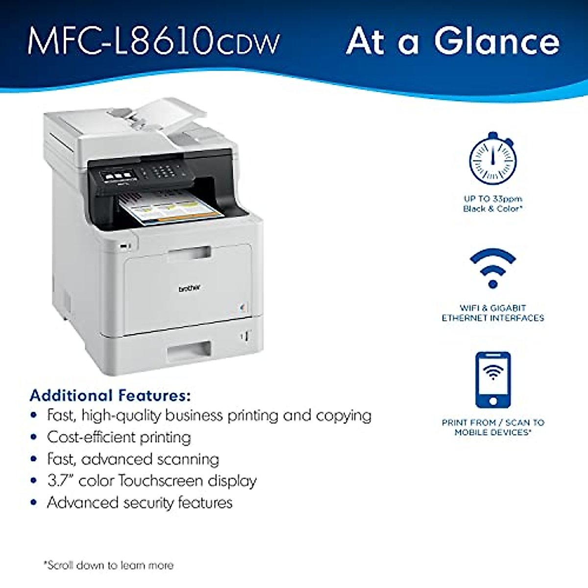 Brother MFC-L8610CD All-in-One Color Wireless Laser Printer for Home Office - Print Copy Scan Fax - 33 ppm, 600 x 2400 dpi, 8.5 x 14, Automatic Duplex Printing, 50-Sheet ADF - BROAG Printer Cable