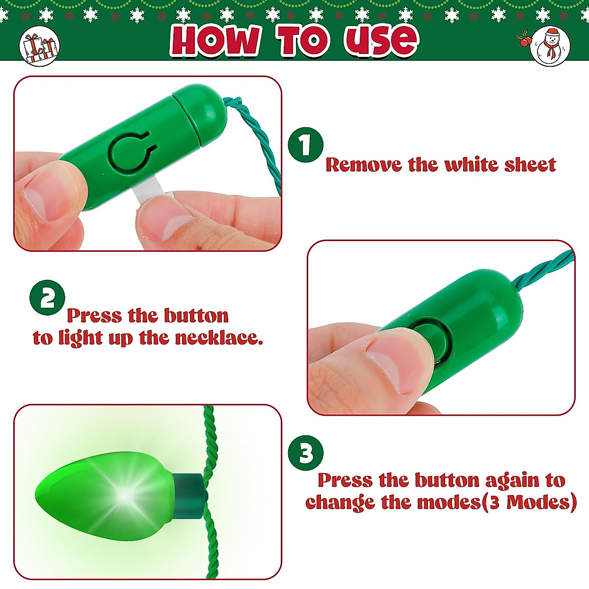 Christmas Party Favors, 2PCS Light Up Christmas Necklace, 3 Modes Christmas Necklace, LED Christmas Accessories for Kids Red Yellow Blue Green Bulbs Glow Necklaces New Year Ugly Sweater Party