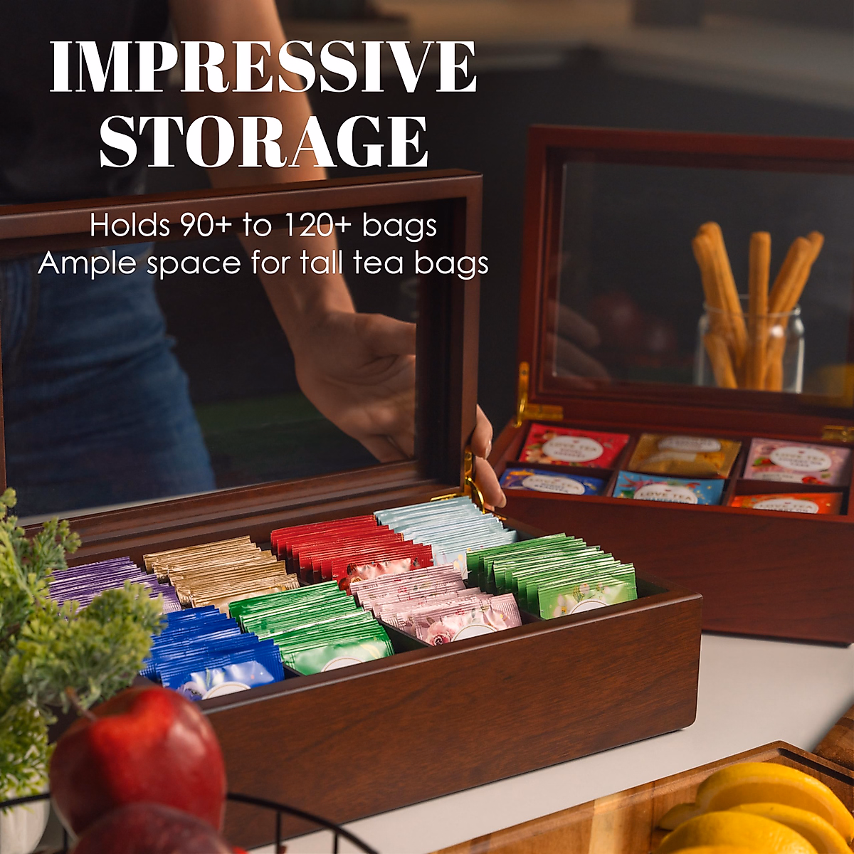 Tea Box - Luxury Wooden Tea Bag Organizer from The Apace Premier Collection - 6 Compartment Tea Storage Chest Container - Elegantly Handmade w/Scratch Resistant Window