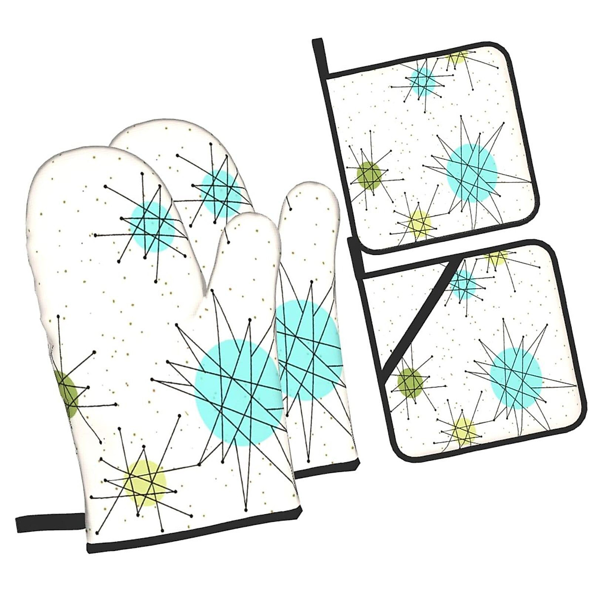 4-Piece Oven Glove and Pot Holder,Iconic Atomic Starbursts,Heat-Resistant Oven Glove and Pot Holder,Can Be Used for Cooking and Grilling, Orange