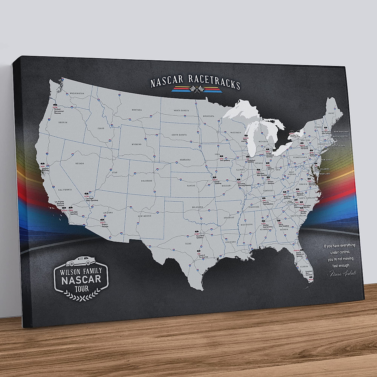 Holy Cow Canvas Personalized Canvas NASCAR Track Map with Push Pins, NASCAR Race Track Map, Customized NASCAR Gift, Push Pin USA Map NASCAR Racing, NASCAR Cup Series Map (Colorful Stripes)