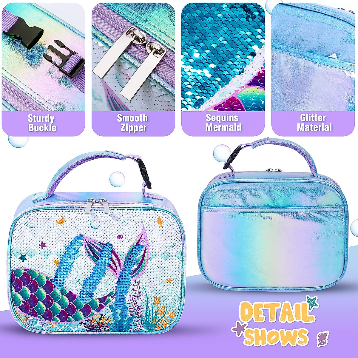 Sequins Mermaid Lunch Box- Insulated Bento Lunch Box for Kids Girls Lunch Bag School Preschool Picnic Camping Blue Polyester Lunch Tote Bag with Handle and Pocket Waterproof Reusable