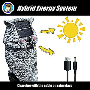 Owlery Solar Owl with Flashing Eyes, Spinning Head and Realistic Tweets, Plastic Owl Decoration for Home, Garden, Patio and Fence