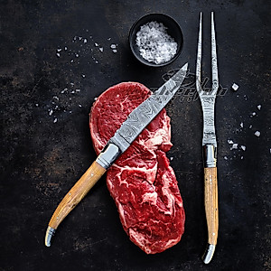 Cheetah Knives Damascus Carving Knife Set with Sheaths, Set of 2 with 12.5" Carving Fork & 12.5" Slicing Knife for Meat Cutting,Turkey,BBQ & Brisket, Made with Natural Olive Wood Handle