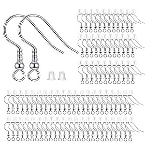 BEADNOVA Fish Hook Earring Hooks 150pcs Earring Findings with Earring Backs for Earring Supplies Earrings Making DIY (150pcs Silver Earring Hooks and 150pcs Earring Backs, Total 300pcs)