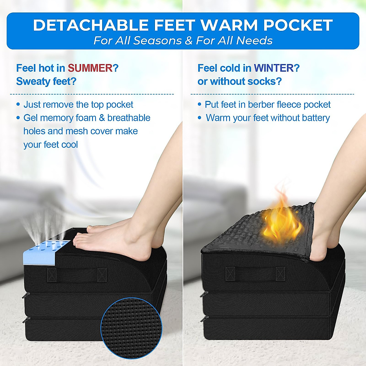 Foot Rest Under Desk for Office Use, Gel Memory Foam Foot Stool with 3 Adjustable Heights and Feet Warm Pocket for Back, Hip, Legs Discomfort Relief, Ergonomic Footrest for Office Chair & Gaming Chair