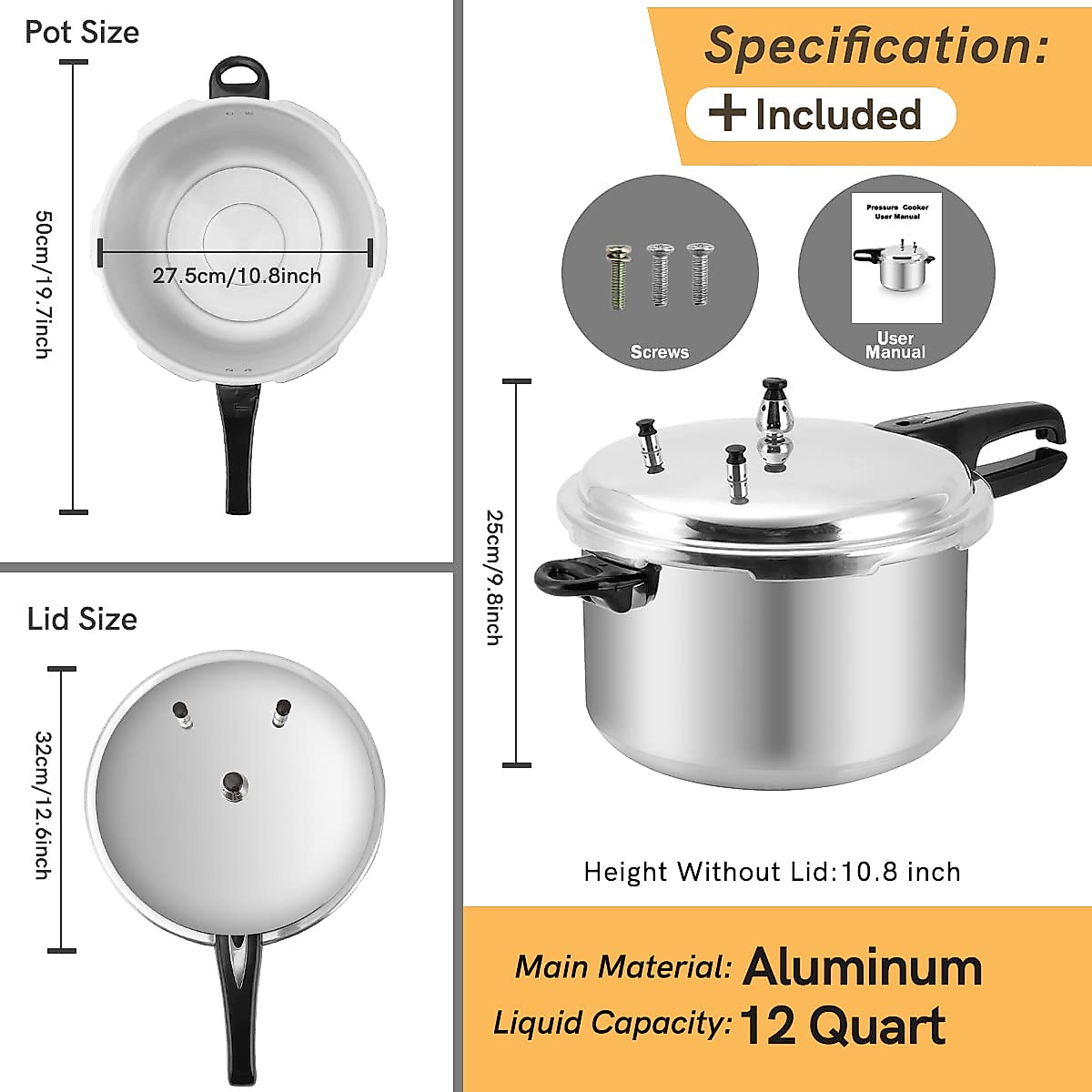 Fulgutonit 12 Quart Pressure Cooker,Aluminum Pressure Canner w/Canning Rack & Easy Lock Lid for Canning, Steaming