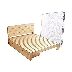 LITFAD Contemporary Pine Wood Platform Bed Natural Bed Frame with Headboard Mattress Wooden Slats Support Bed (No Box Spring Needed) - Storage Included Bed & Mattress Full-Covered, California King