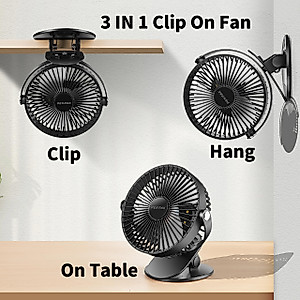Clip on Fan,7 Inch 5000mAh Battery Operated Fan,Rechargeable Personal Fan,3 in 1 Desk Portable Usb Fan,LED Light,3 Speeds,720°Rotation for Travel/Stroller/Bed/Office/Camping/Dorm/Bedroom(Black)