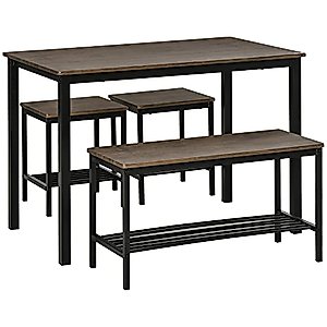 HOMCOM Industrial Dining Table Set, Kitchen Table and Chairs for 4, Dinner Table with Bench Set with Metal Frame & Storage Shelf, 4 Piece Dinette Set for Dining Room, Rustic Brown