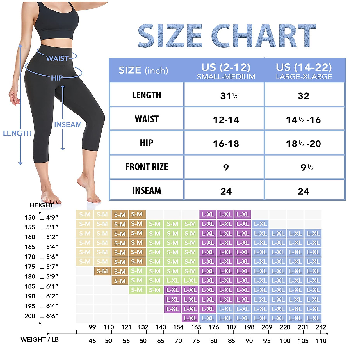 FULLSOFT 7 Pack Capri High Waist Leggings for Women-Soft Slim Tummy Control Yoga Pants-Workout Running Leggings(S,2HC)