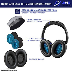 AHG Replacement QC15 Ear Pads & QC15 Headband Pad Compatible with Bose QuietComfort 15 (QC15) & QuietComfort 2 (QC2) Headphones - Soft, Great Comfort + Durability, Protein Leather (Black)