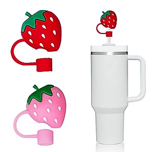 WELTAZ 2 Pack Strawberries Straw Covers Cap Compatible with Stanley 14oz&20oz&30oz&40oz Tumbler,Food Grade Silicone Cute Straw Topper, Straw Protectors For 10mm Straw