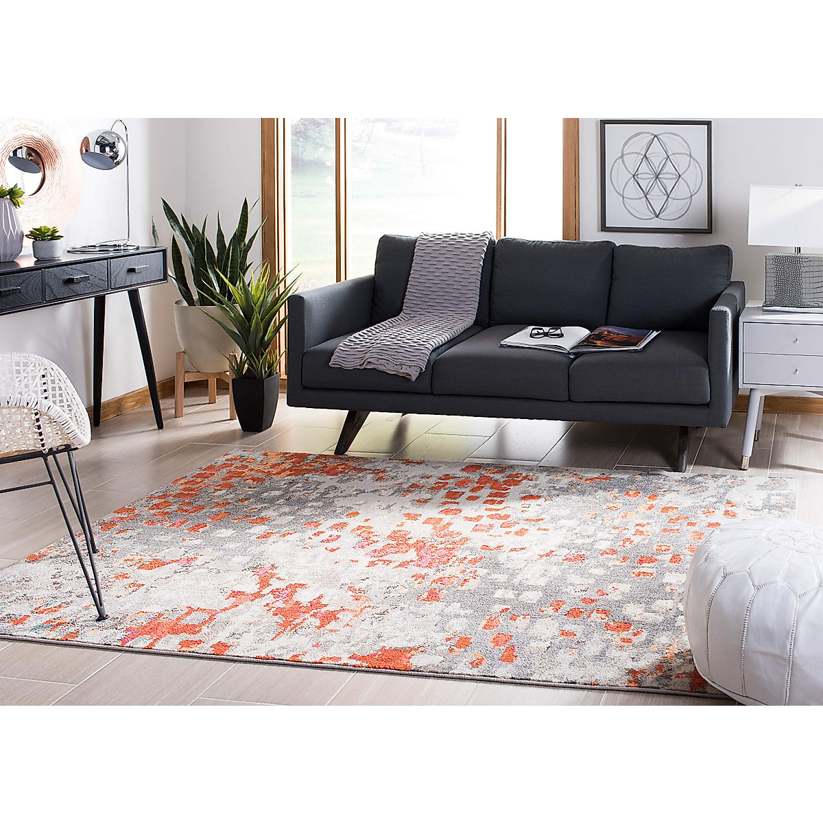 SAFAVIEH Madison Collection Area Rug - 5'3" x 7'6", Grey & Orange, Boho Abstract Distressed Design, Non-Shedding & Easy Care, Ideal for High Traffic Areas in Living Room, Bedroom (MAD425H)
