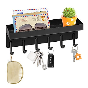 VIS'V Key Holder Wall Mount, Frosted Black Stainless Steel Key Mail Holder Small Key Rack with Tray Adhesive Key Hanger Mail Storge Organizer with 6 Key Hooks for Entryway Hallway Doorway