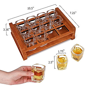 BARGIFTS 12pc Shot Glass Set,Party Server Shot Glasses Set with Rustic Rufous Wood Serving Tray,Crystal Shot Glass for Whiskey, Party & Collection