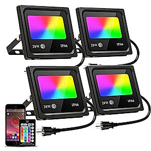 LED Flood Light Outdoor, 200W Equivalent Smart Floodlight APP Control, 20W DIY RGB Color Changing Party Stage Lighting, 2700K&16 Million Colors & Timing, IP66 Waterproof Uplight for Garden 4 Pack