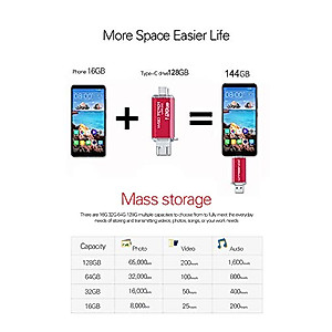 WANSENDA USB 3.1 Photo Stick 128GB 3 in 1 High Speed Flash Drive for Android Phones Type C/USB C Devices/Tablets/Samsung Galaxy,LG,Hua Wei,Google Pixel(128GB, Red)