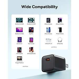 USB C Charger, Baseus USB C Wall Charger 30W PD Charger, GaN Fast Charger Block, USB-C Power Adapter for iPhone 15/14/13/12/11/Pro/Pro Max/XS/XR, Galaxy S23 Ultra, Google Pixel, MacBook, iPad, Black