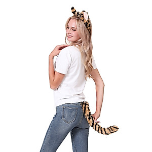 Soul Young Lion Wolf Faux Fur Ears and Tail Halloween Costume Party Cosplay Animal Accessory Set(One Size,Tiger)