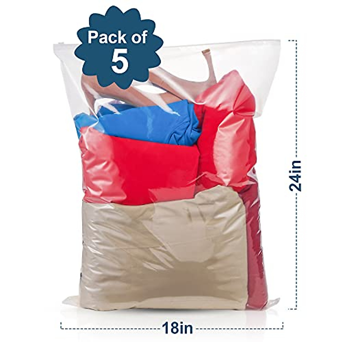 Clear bags for clothes storage, toys, snack bags and food saver, beach bag travel organizer - 5 gallon ziplock bags - sealable zipper and slider jumbo baggies - Extra large ziplock bag - {Pack of 5}