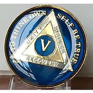 5 Year Midnight Blue AA Alcoholics Anonymous Medallion Chip Tri Plate Gold & Nickel Plated Serenity Prayer