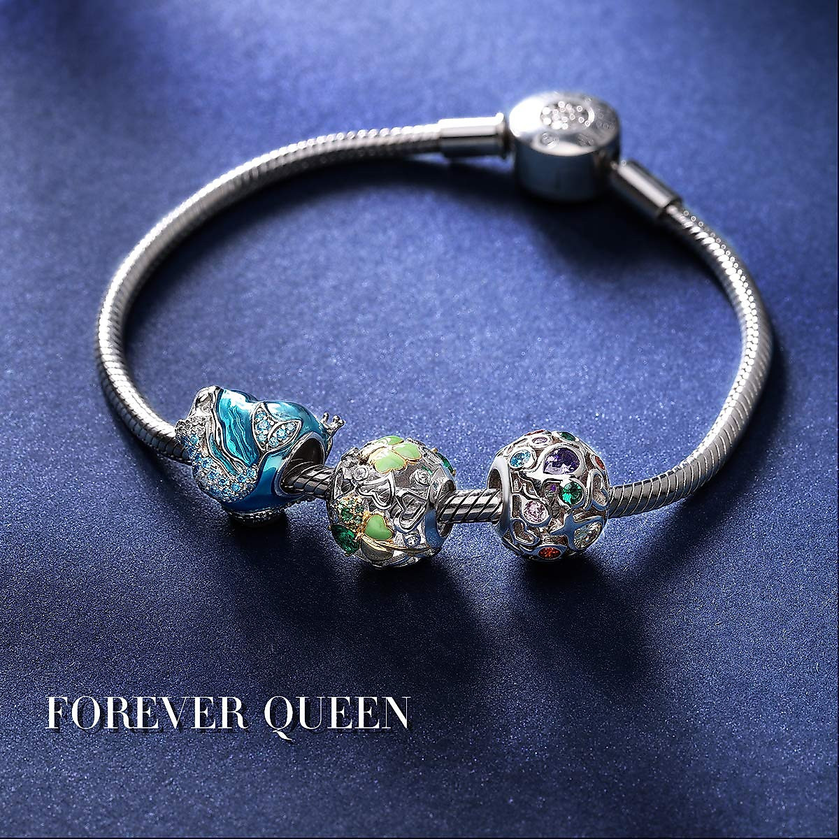 FOREVER QUEEN Mermaid Charms fit Charms Bracelet 925 Sterling Silver Charms Bead CZ Heart Shape Blue Enamel Bead Ocean Sea Charm for Snake Bracelets Necklace Women Girls Gift
